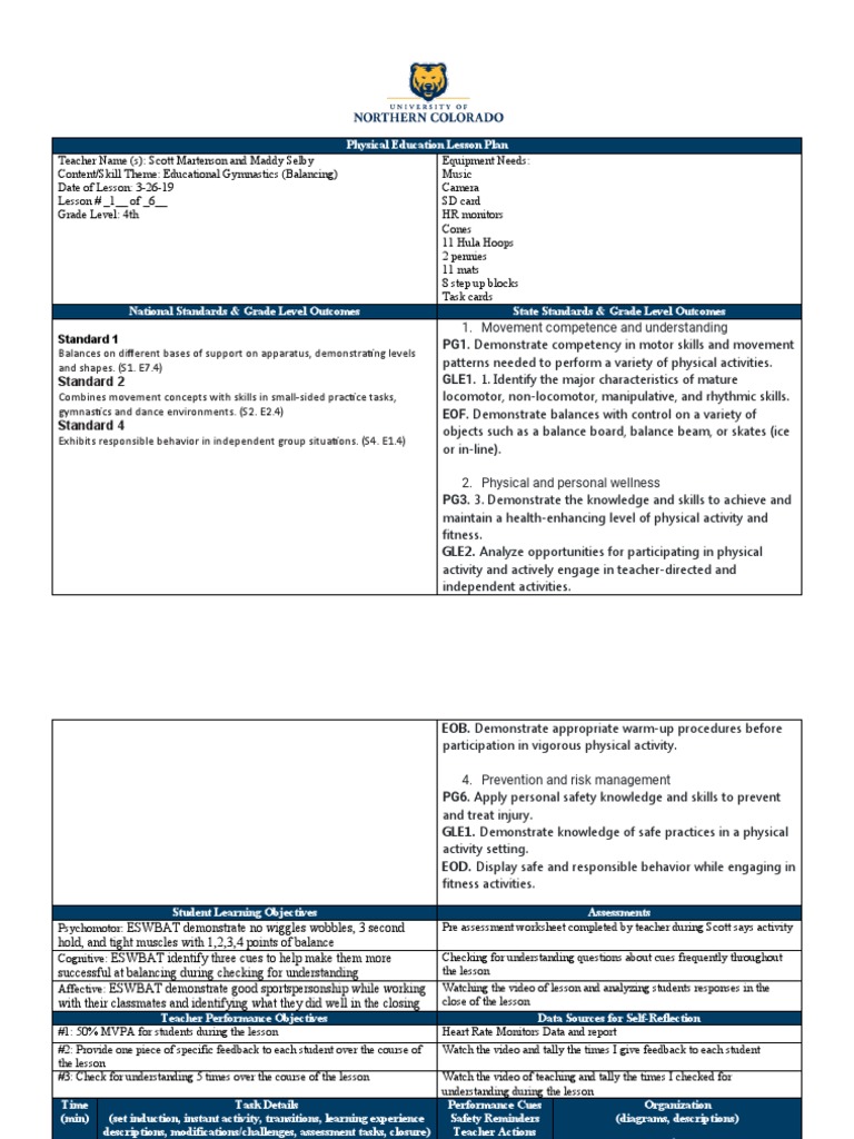 Physical Education Lesson Plan: Standard 2 | PDF | Gymnastics | Teachers