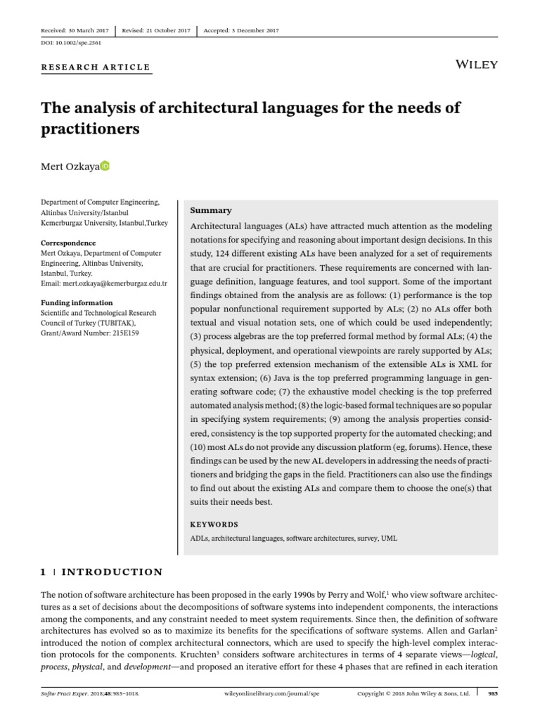 The Analysis of Architectural Languages For The Needs of Practitioners ...