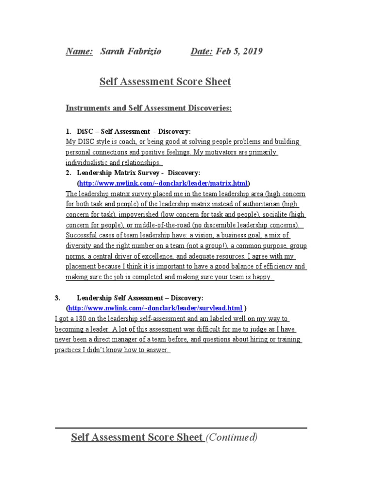Leadership Self Assessment Score Sheet | PDF | Emotional Intelligence ...