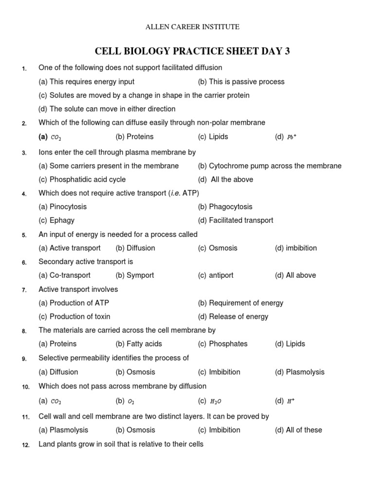 Cell Biology Practice Sheet: Membrane Transport | PDF | Biological ...
