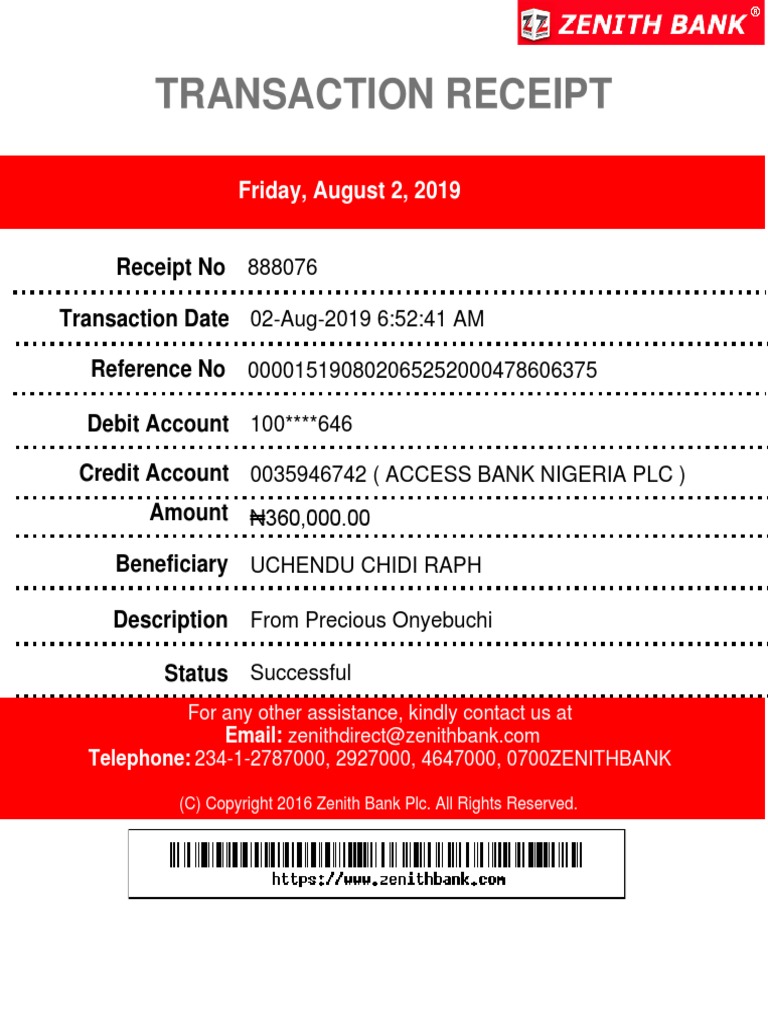 Zenith Bank Transfer Receipt Details | PDF