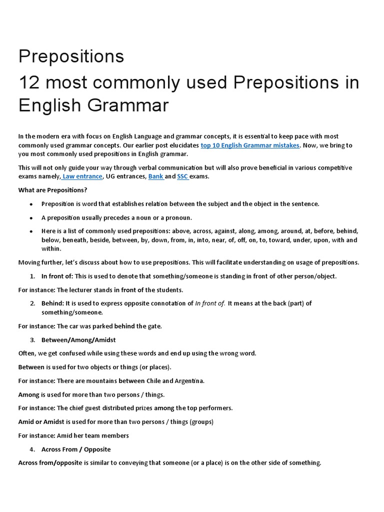 12 Most Common Prepositions | PDF | English Grammar | Preposition And ...