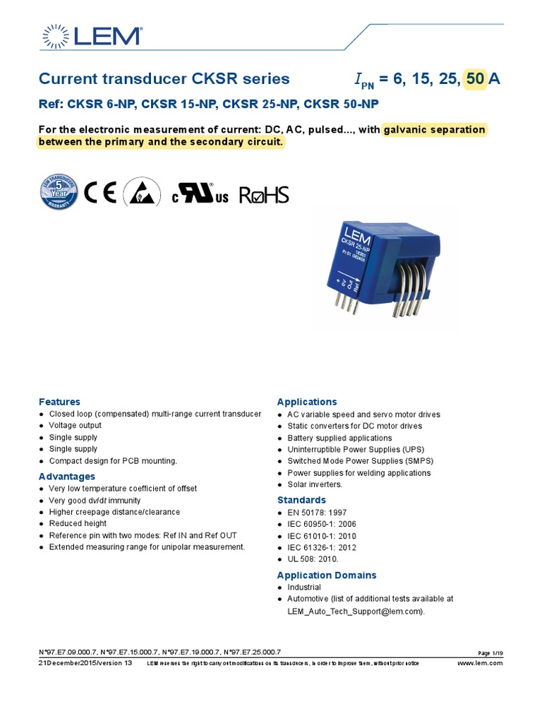 Current Transducer CKSR Series 6, 15, 25, 50 A: Ref: CKSR 6-NP, CKSR 15 ...
