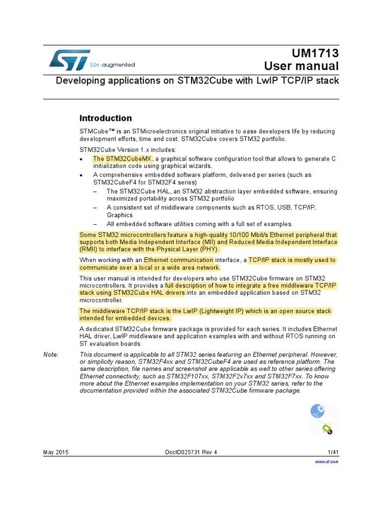 Um1713 User Manual: Developing Applications On Stm32Cube With Lwip Tcp ... Um1713 User Manual: Developing Applications On Stm32Cube With Lwip Tcp ...