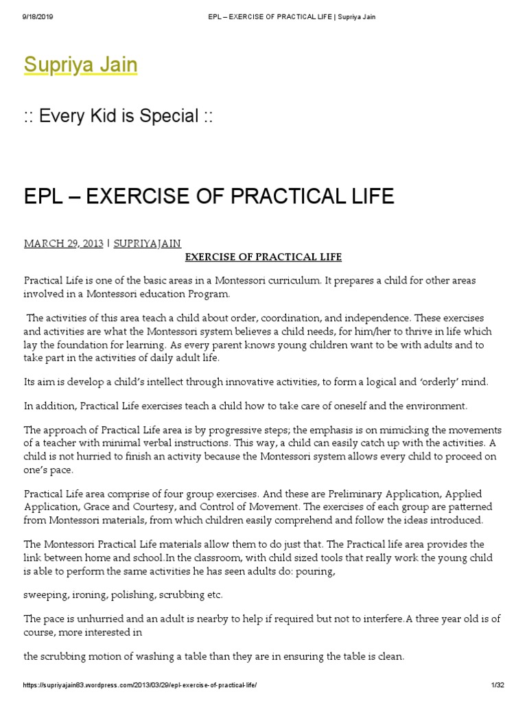 EPL - EXERCISE OF PRACTICAL LIFE - Supriya Jain | PDF | Montessori ...