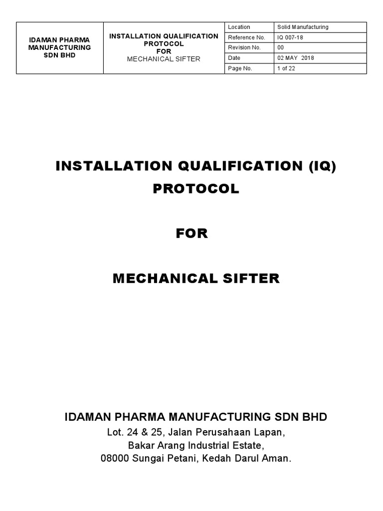 Installation Qualification (Iq) Protocol FOR Mechanical Sifter | PDF ...