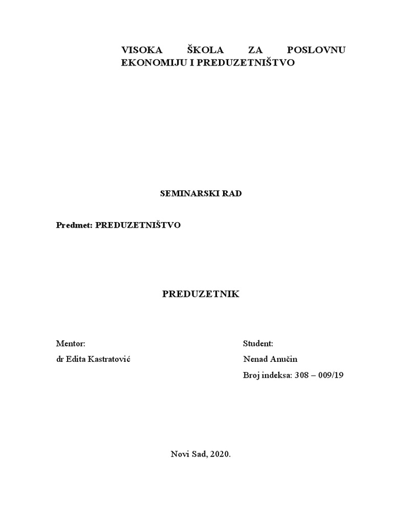 Seminarski Rad Preduzetnistvo - Nenad Anucin April 2020 | PDF