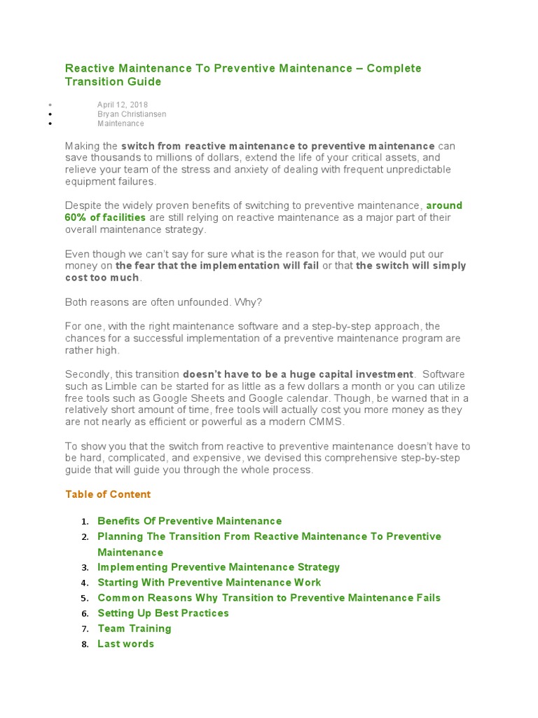 Transitioning to Preventive Maintenance | PDF | Inventory | Business