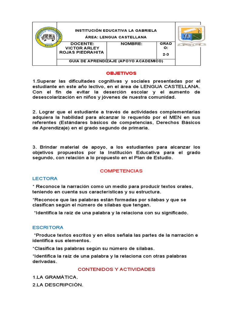 Guia de Español, Victor Rojas, 2.primaria | PDF | Educación primaria ...