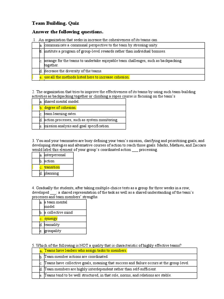 Team Building. Quiz Answer The Following Questions.: .1. A. B. C. D. e ...