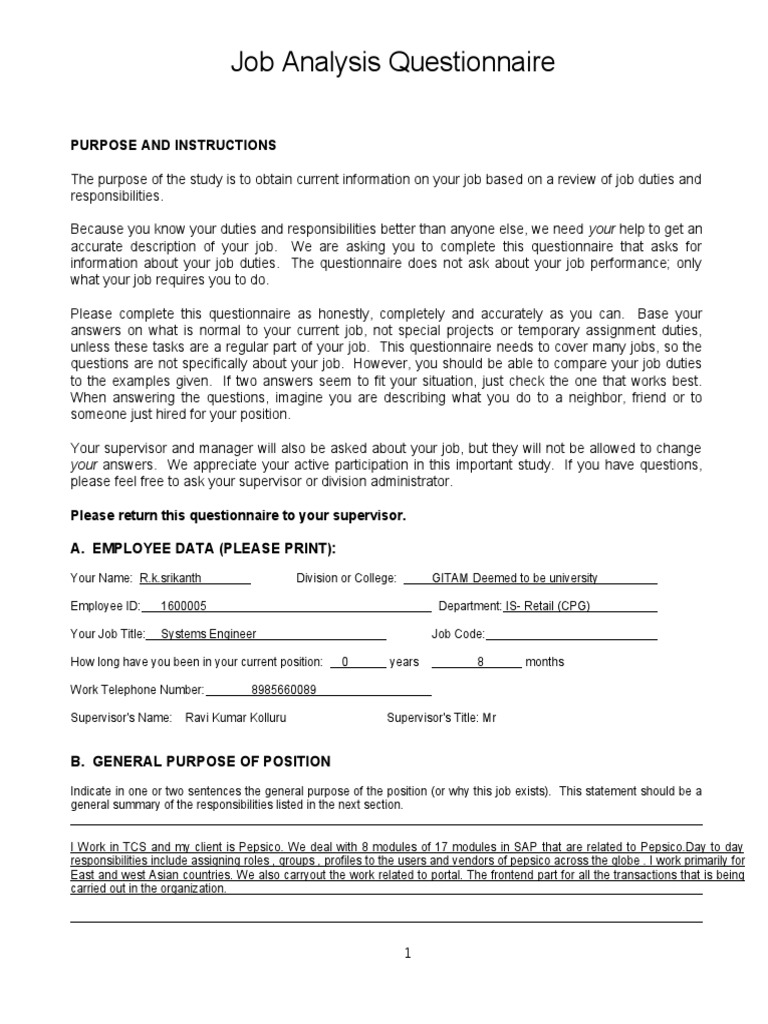 Job Analysis Questionnaire: Purpose and Instructions | PDF ...