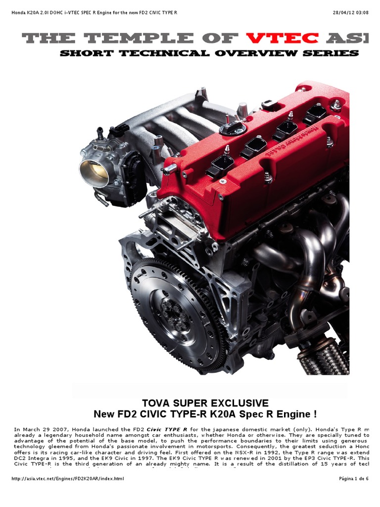 Honda K20A 2.0l DOHC i-VTEC SPEC R Engine For The New FD2 CIVIC TYPE R ...