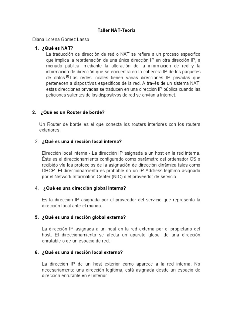 Taller NAT-Teoría | PDF | Dirección IP | Enrutador (Computación)
