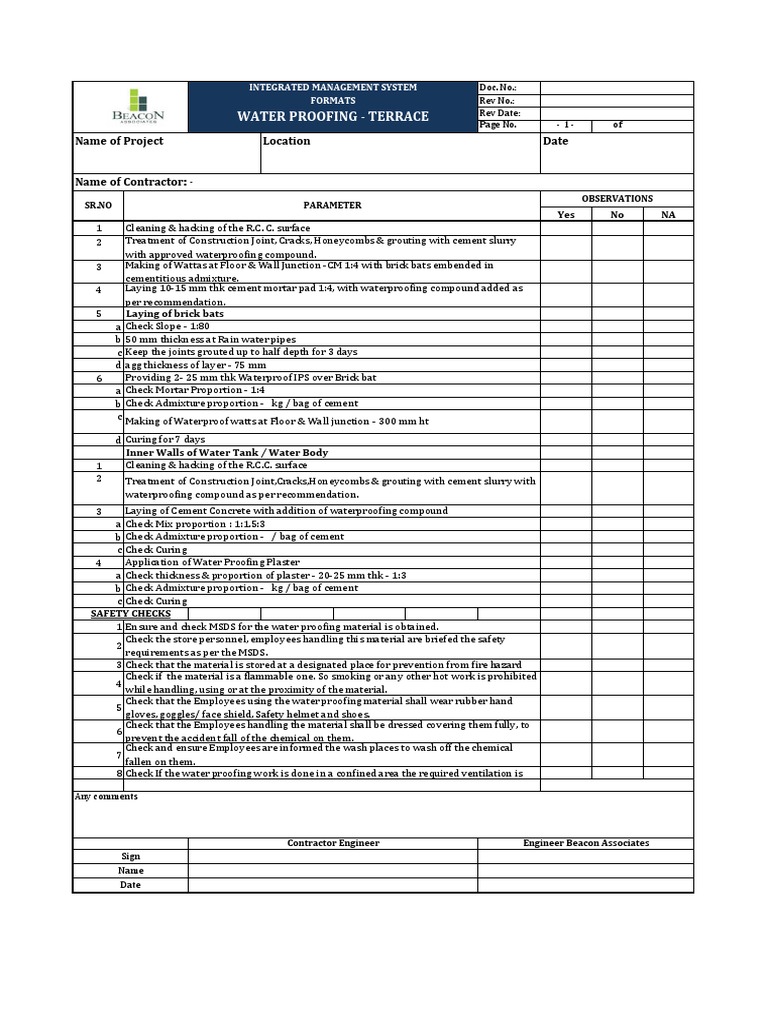 Waterproofing Procedure Checklist | PDF | Concrete | Mortar (Masonry)