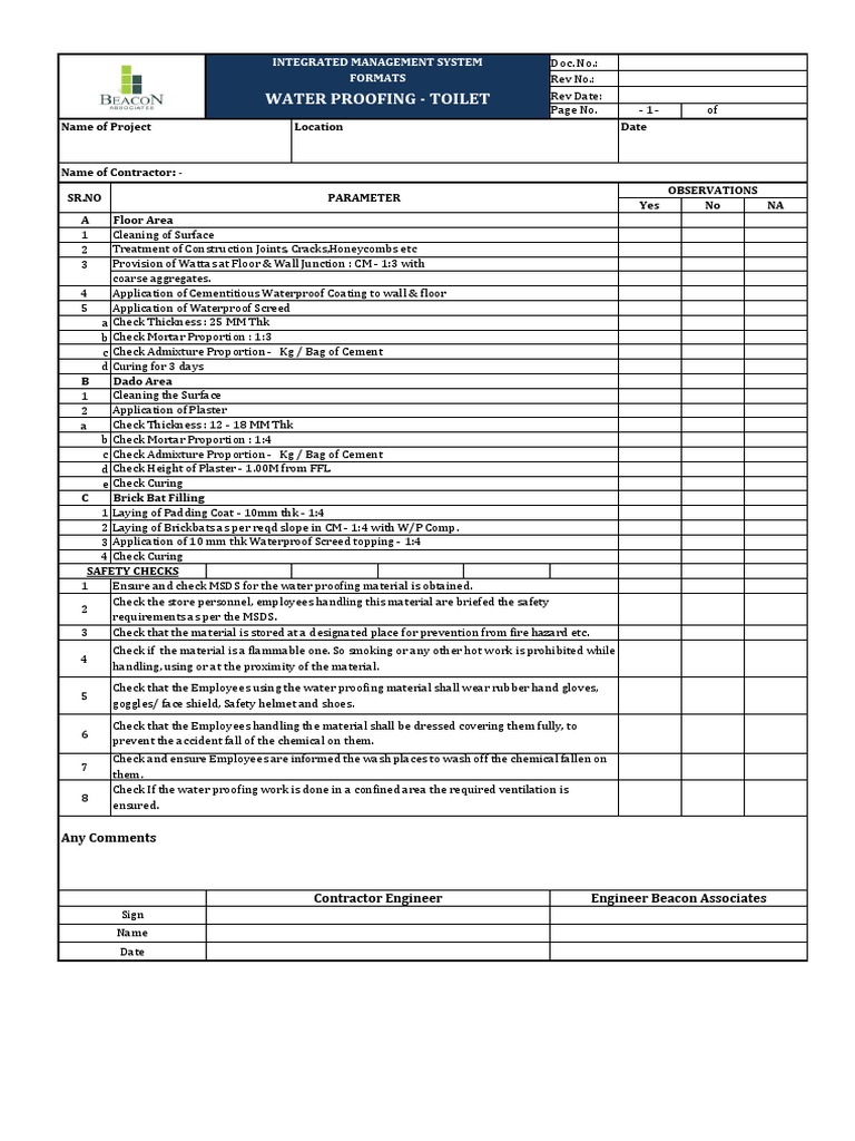 Checklist For Waterproofing - Toilets | PDF | Mortar (Masonry) | Plaster