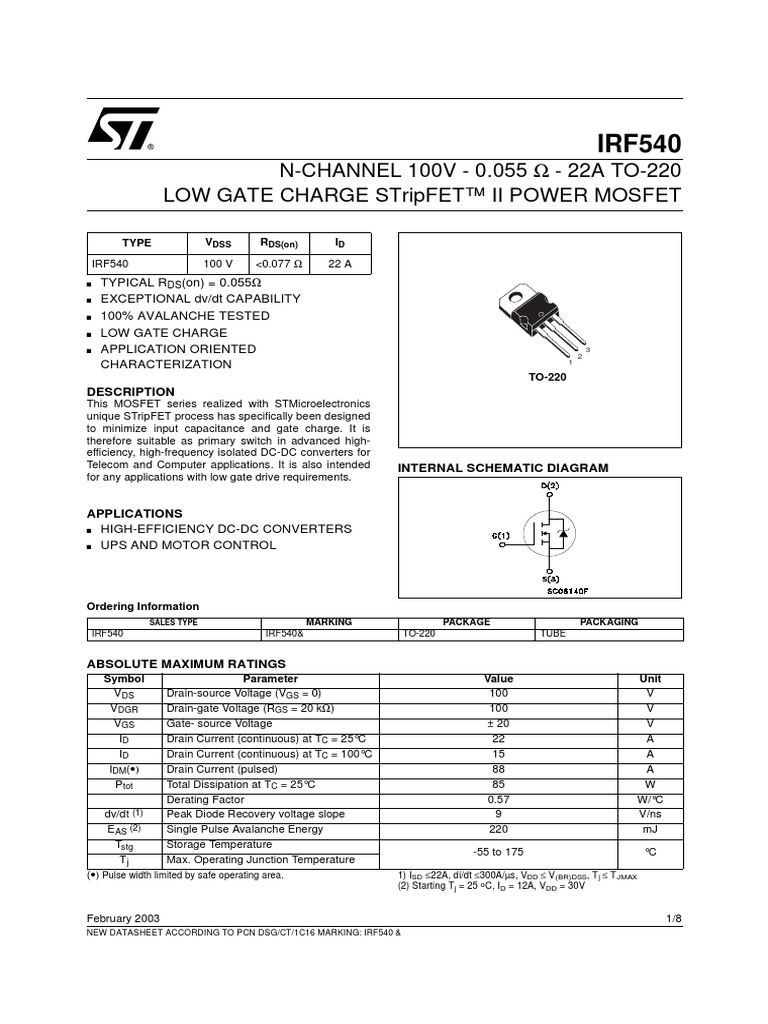 IRF540 ST PDF | PDF | Field Effect Transistor | Mosfet