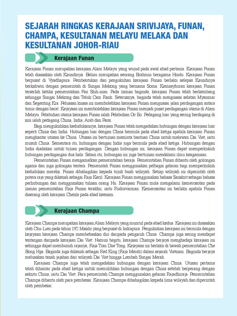 Sejarah Ringkas Kerajaan Srivijaya, Funan, Champa, Kesultanan Melayu ...