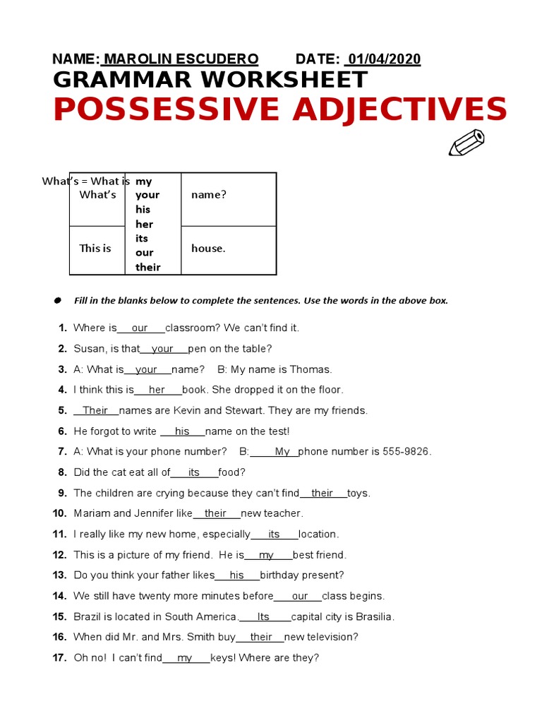 Possessive Adjectives Grammar Worksheet | PDF