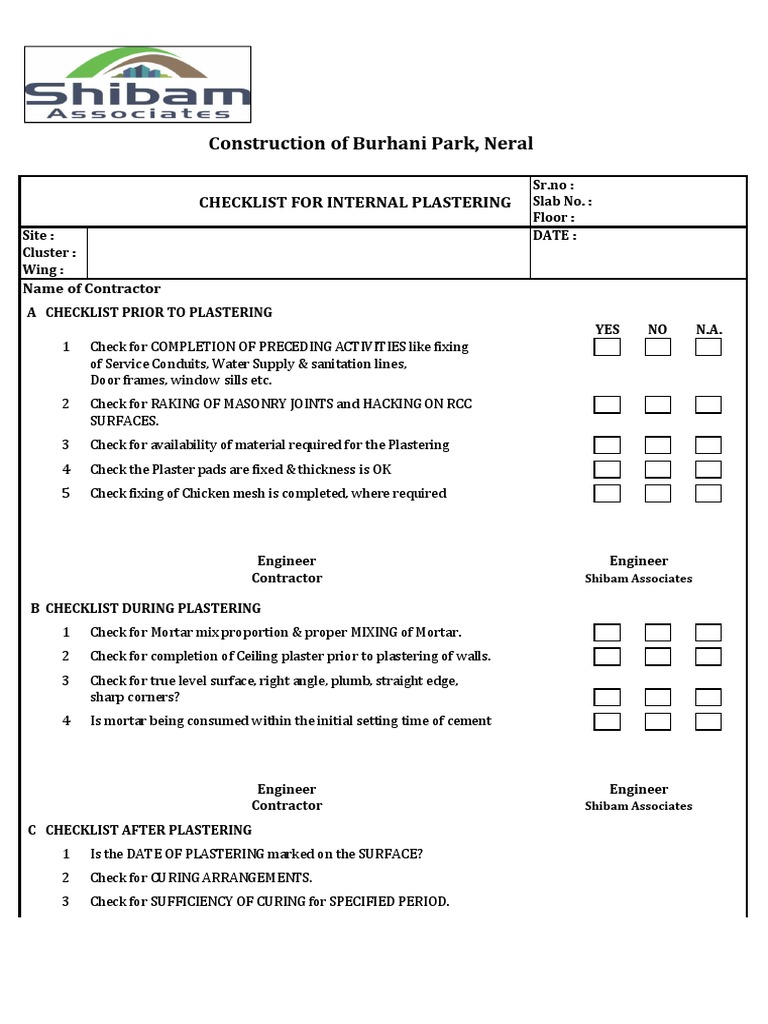 Checklist For Internal Plastering | PDF | Architectural Elements ...