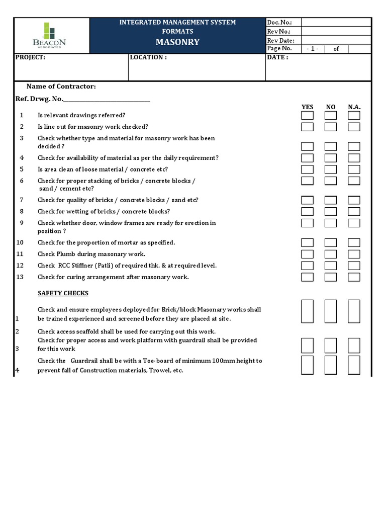 Checklist For Masonry | PDF | Masonry | Brick