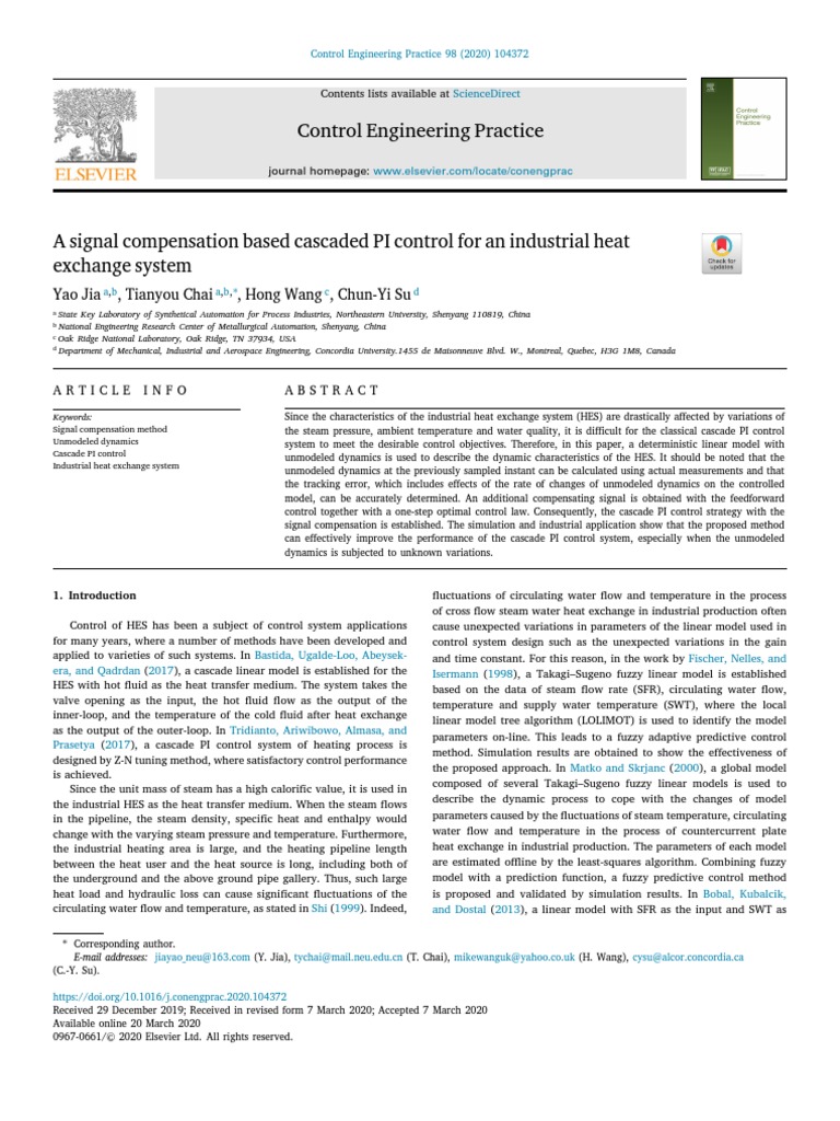 Control Engineering Practice: Yao Jia, Tianyou Chai, Hong Wang, Chun-Yi Su | PDF | Control ...