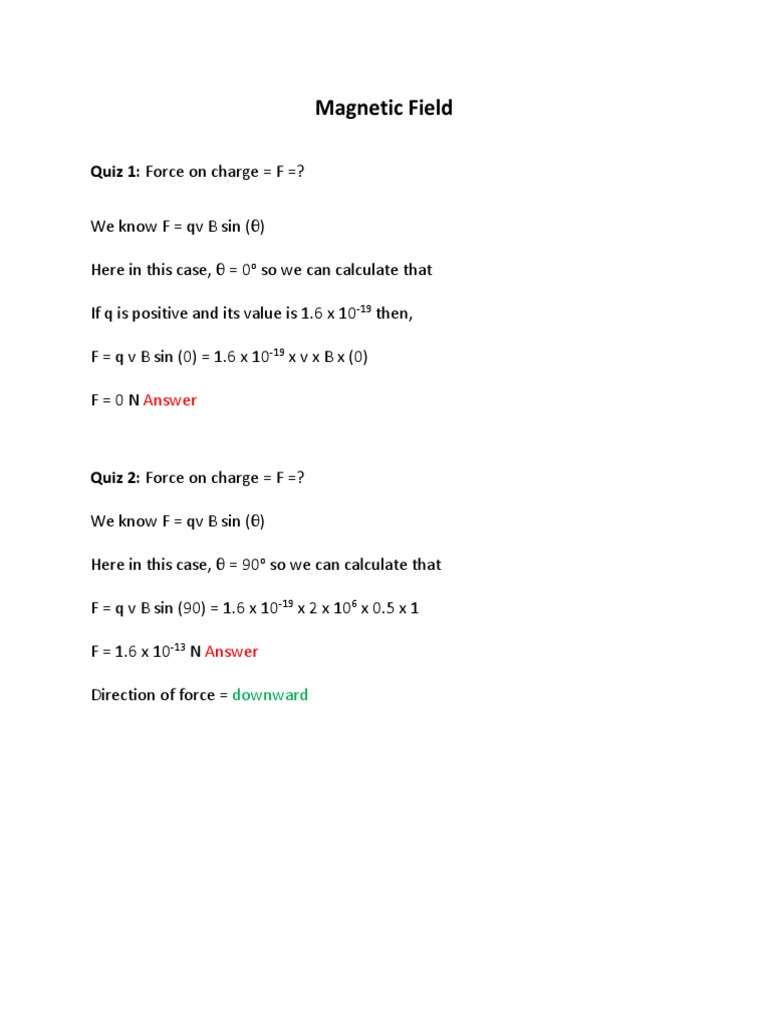 Magnetic Field: Quiz 1: Force On Charge F ? | PDF