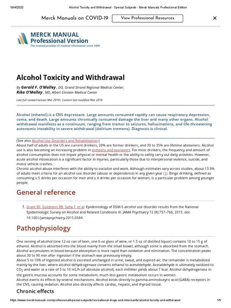 Alcohol Toxicity and Withdrawal - Special Subjects - Merck Manuals Professional Edition | PDF ...