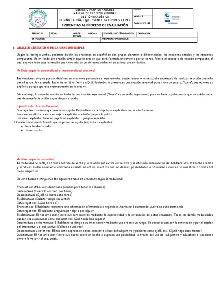 Guía de Repaso | PDF | Asunto (gramática) | Oración (Lingüística)