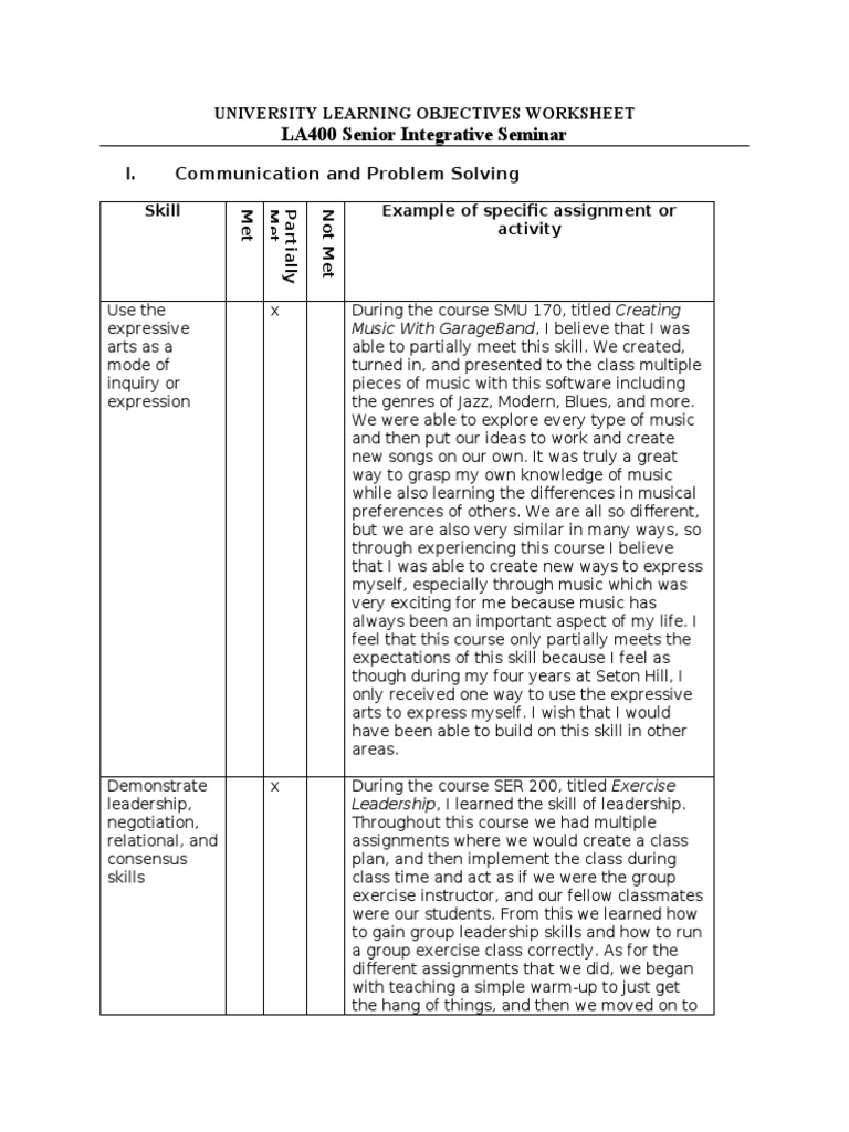LA400 Senior Integrative Seminar: University Learning Objectives ...