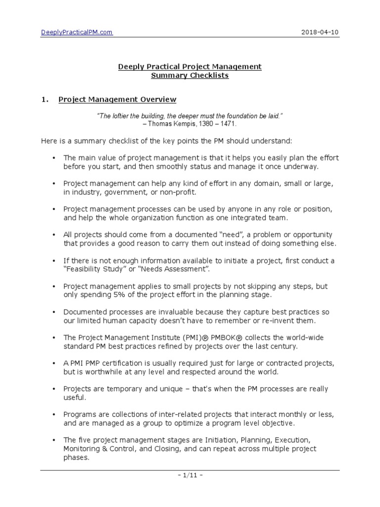 Deeply Practical Project Management Summary Checklists 1. Project ...