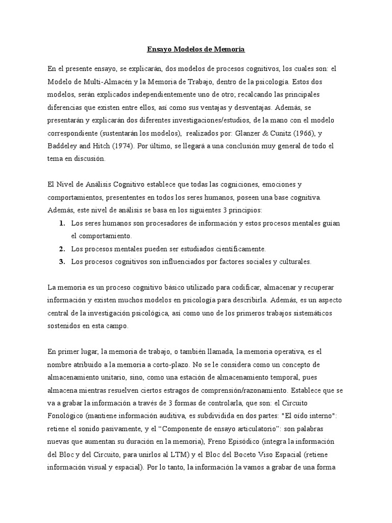 Ensayo Modelos de Memoria - Limo | PDF | Memoria de trabajo | Memoria