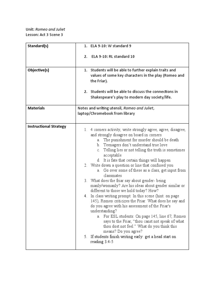 Lesson Plan | PDF | Romeo And Juliet | Cognition