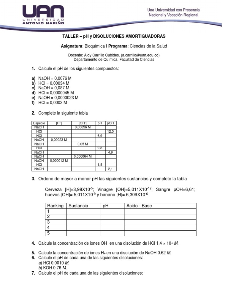 TALLER PH y Amortiguadores PDF | PDF | Solución tampón | Ph