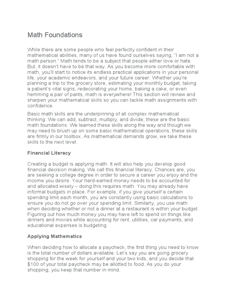 Math Foundations: Financial Literacy | PDF | Teaching Mathematics | Income