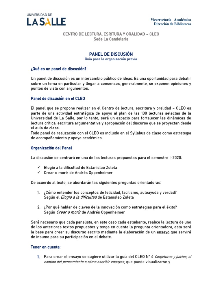 Panel de Discusión - Apoyo 100 Lecturas Selectas PDF | PDF | Ensayos ...