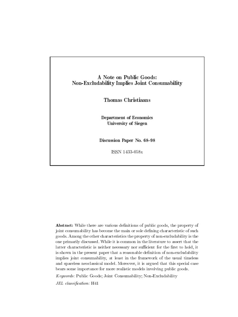 A Note On Public Goods: Non-Excludability Implies Joint Consumability ...