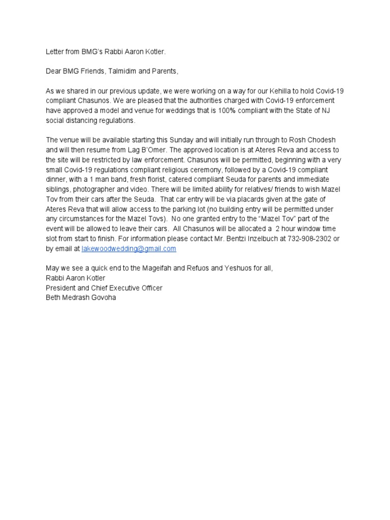 Letter From BMG's Rabbi Aaron Kotler | PDF