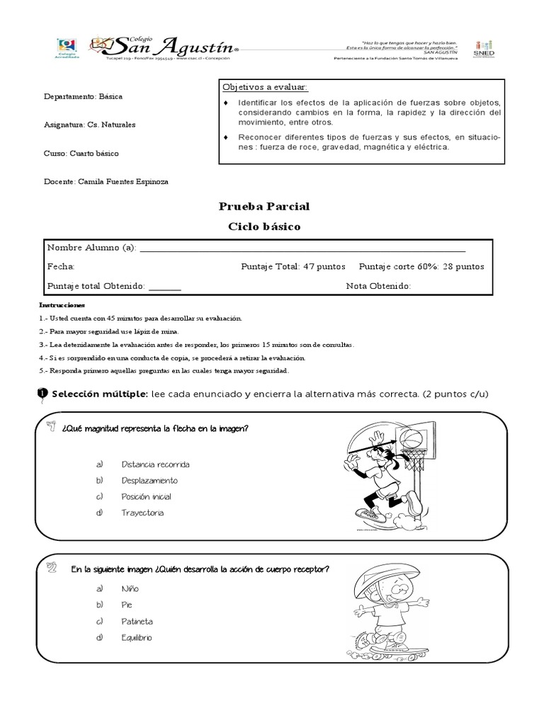 Evaluación de Fuerza y Movimiento 4° Básico | PDF | Gravedad | Velocidad