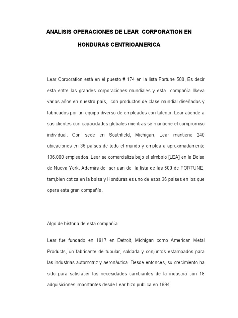 Analisis de Operaciones de Lear Corporation en Honduras Centroamerica ...