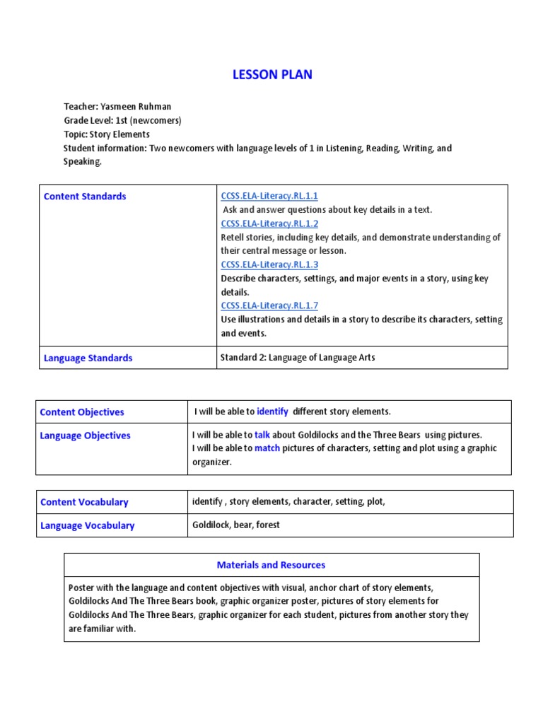 Story Elements Lesson for Newcomer 1st Graders | PDF | Reading ...