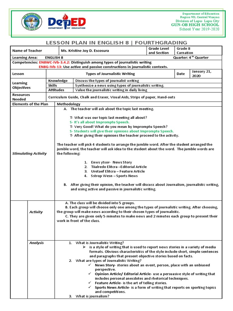 Lesson Plan in English 8 - Fourthgrading: En8Wc-Ivb-3.4.2: En8G-Ivb-13 ...