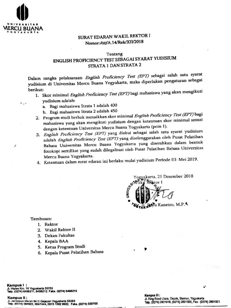 Surat Edaran WR 1 Tentang EPT Sebagai Syarat Yudisium Strata 1 2 Sertifikat Toefl Bahasa Inggris ...