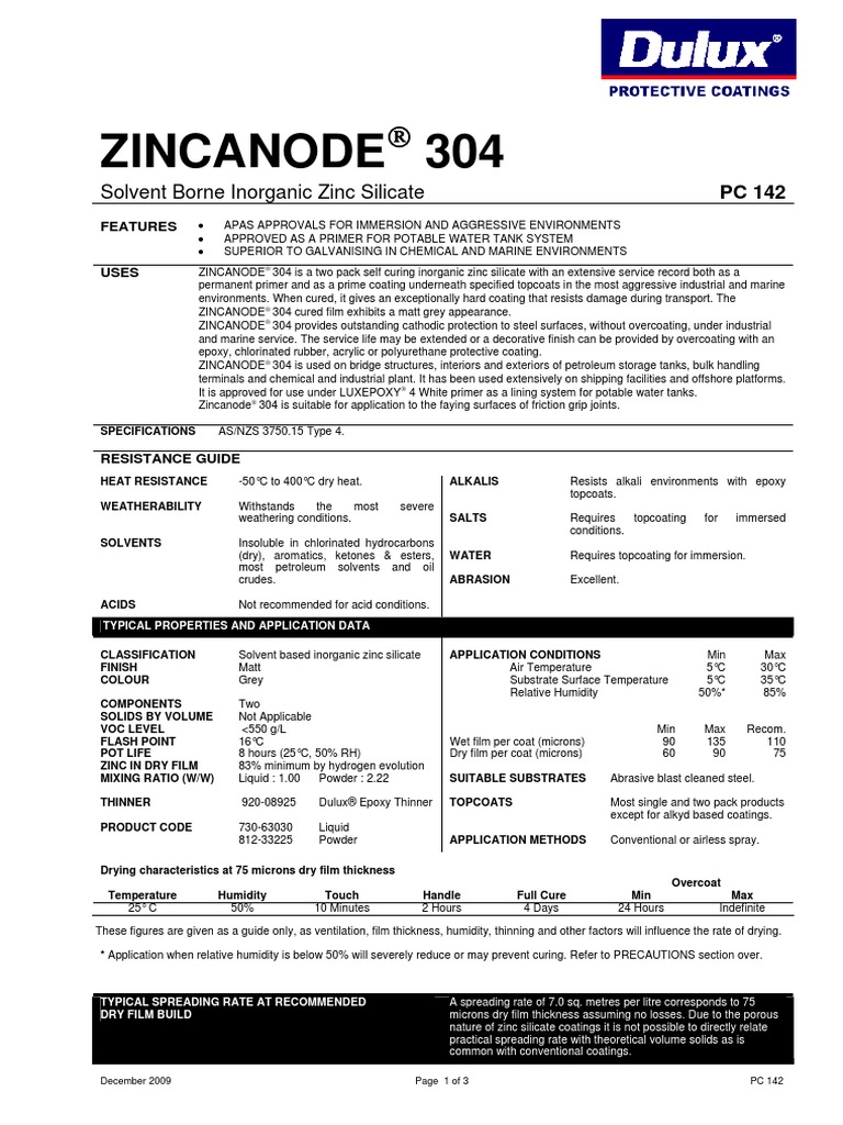 Zincanode 304: Solvent Borne Inorganic Zinc Silicate | PDF | Materials ...