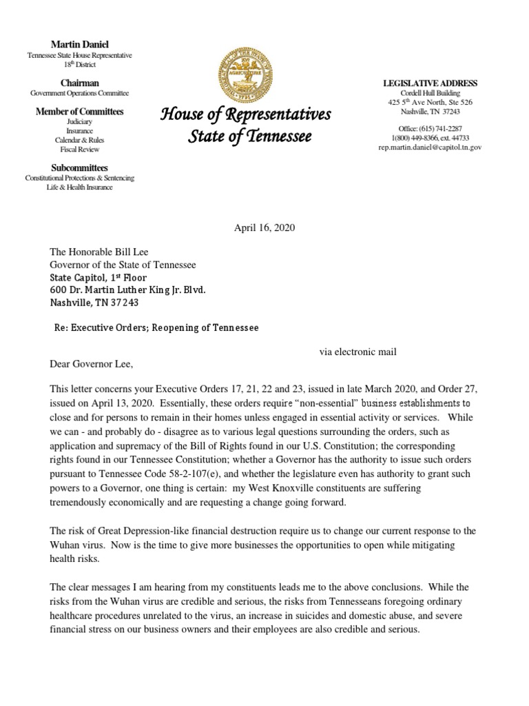 State Rep Martin Daniel Letter To Gov Bill Lee Urging To Re-Open ...
