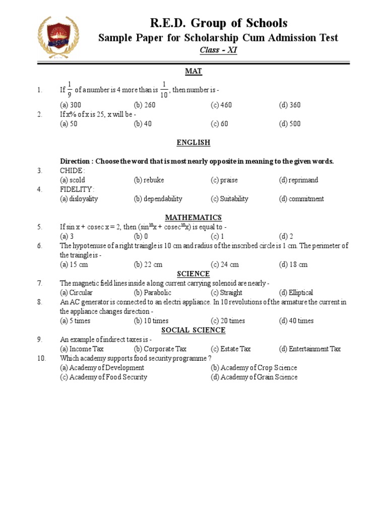 R.E.D. Group of Schools: Sample Paper For Scholarship Cum Admission ...