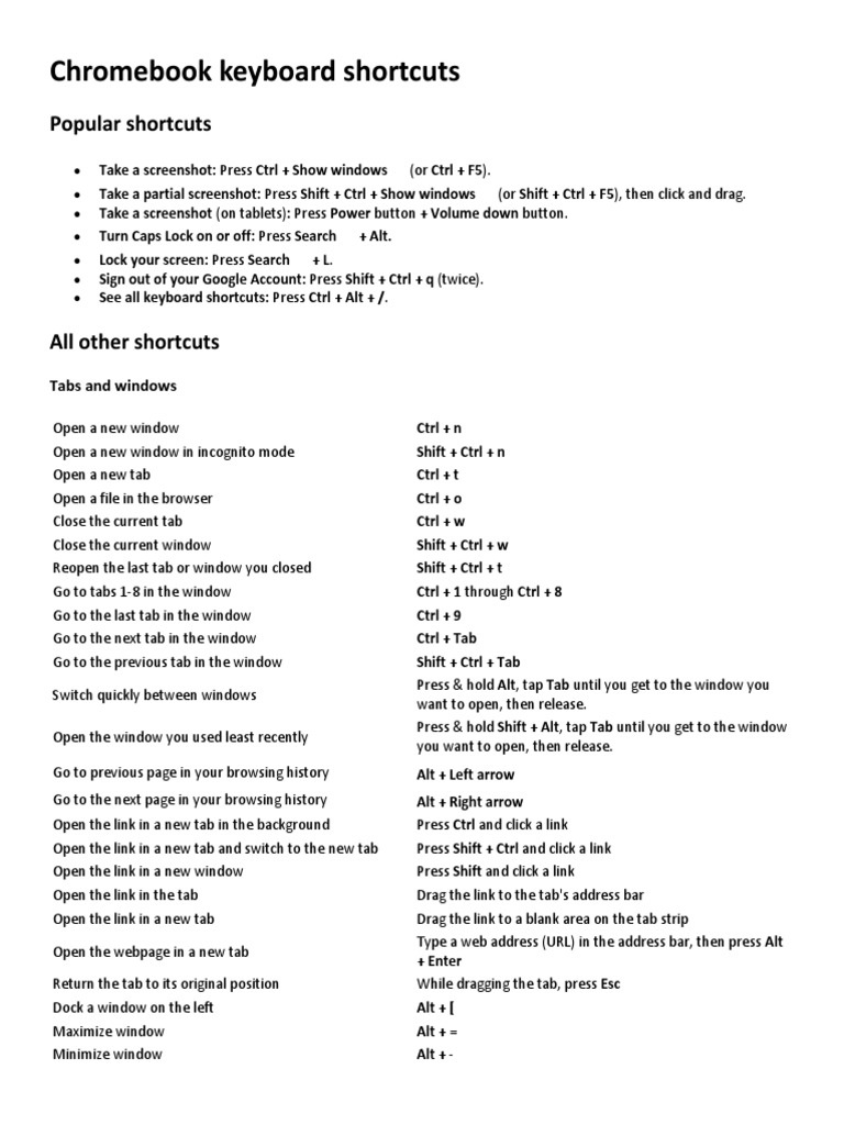 Chromebook Keyboard Shortcuts | PDF | Web Page | Graphical User Interfaces