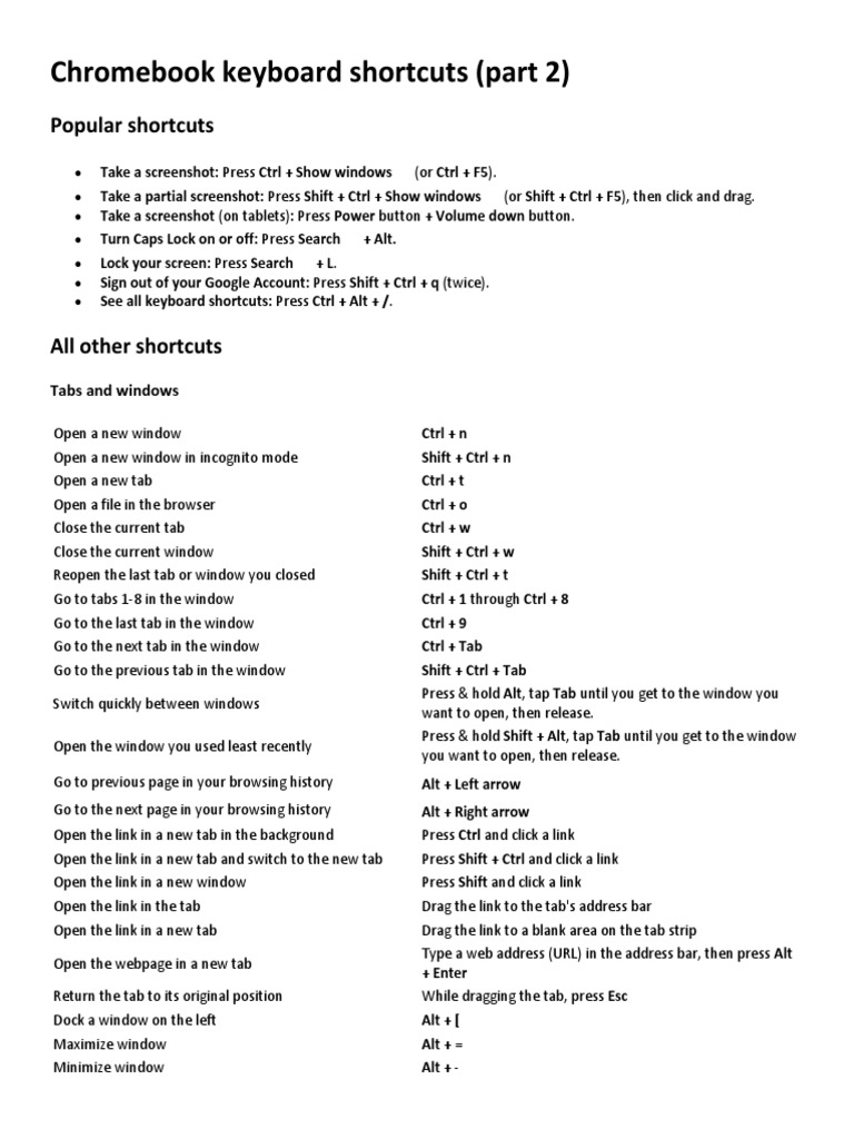 Chromebook Keyboard Shortcuts - Part 2 | PDF | Web Page | Software