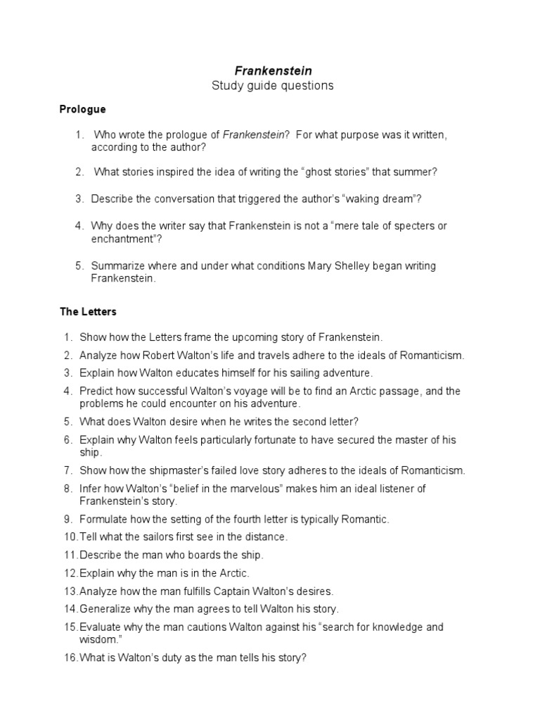 Frankenstein Study Guide Questions For Students | PDF | Frankenstein ...