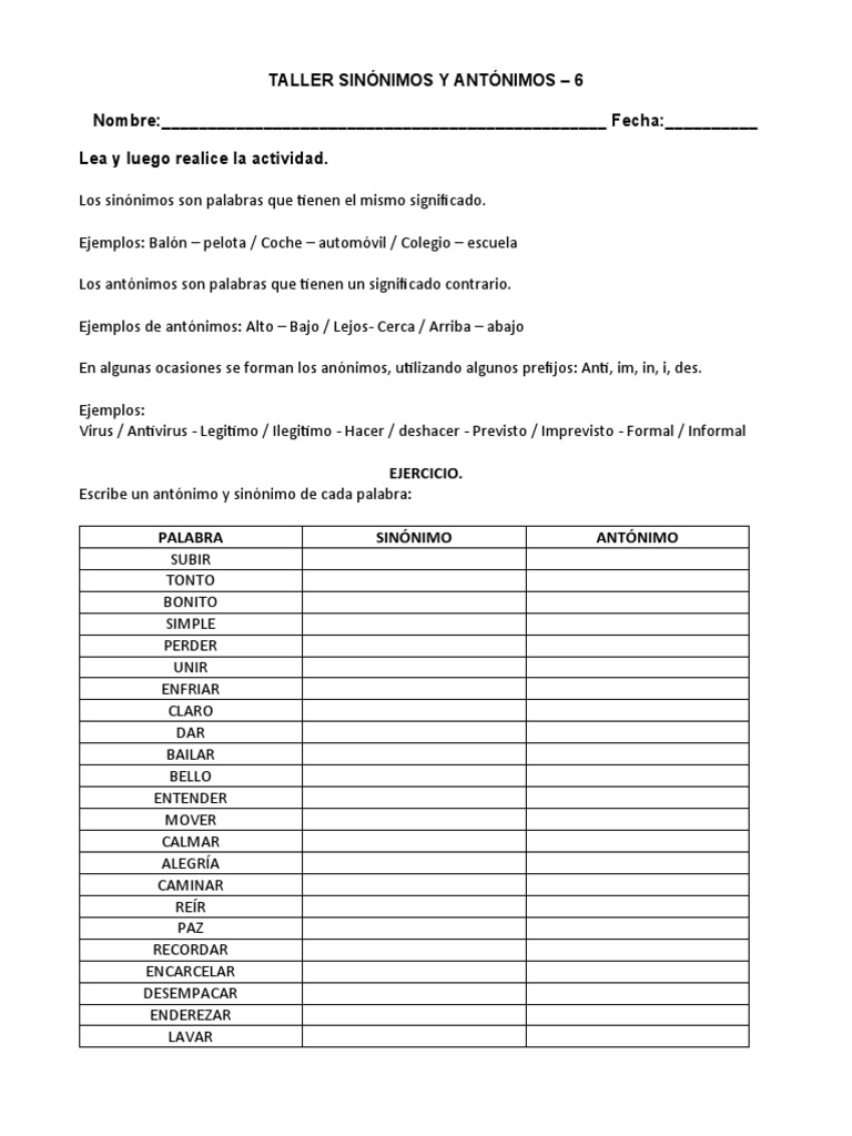Sinónimos y Antónimos Taller 5 | PDF