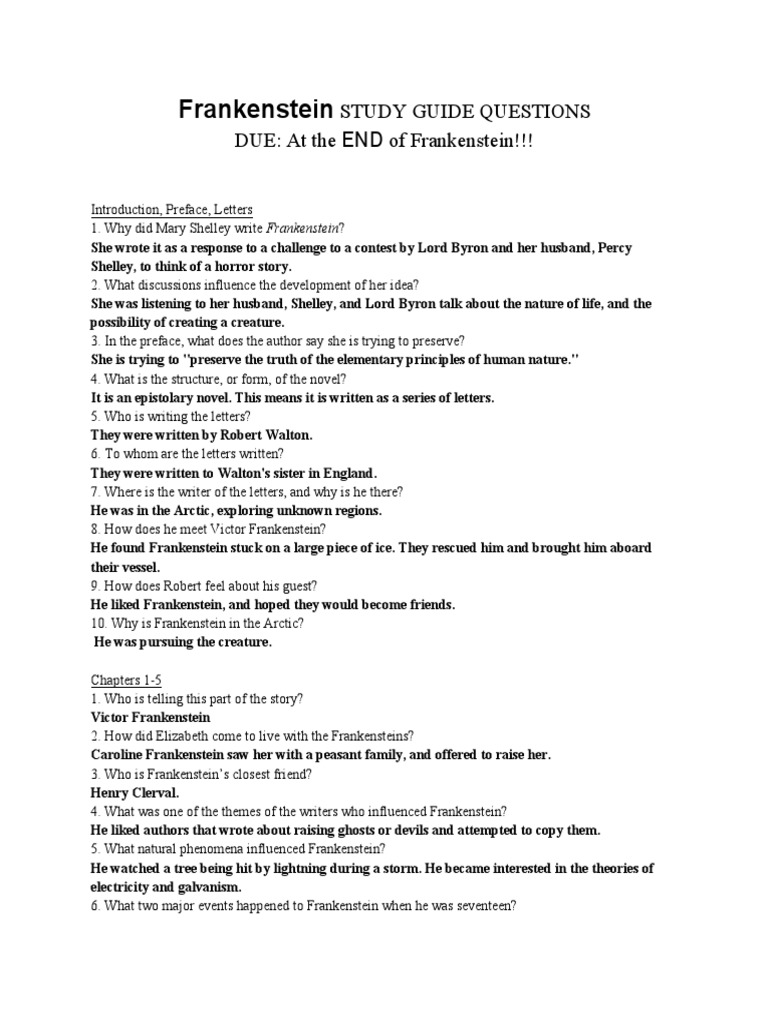 Frankenstein Study Guide Questions | PDF | Frankenstein